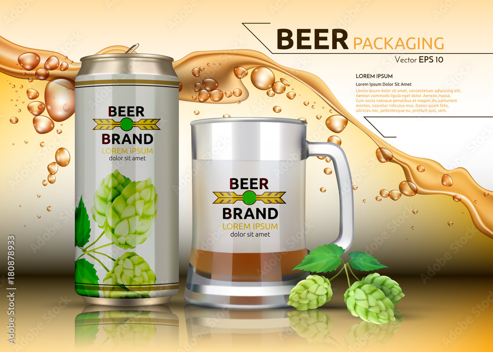 Vector Realistic beer metallic bottle and glass. Brand packaging ...