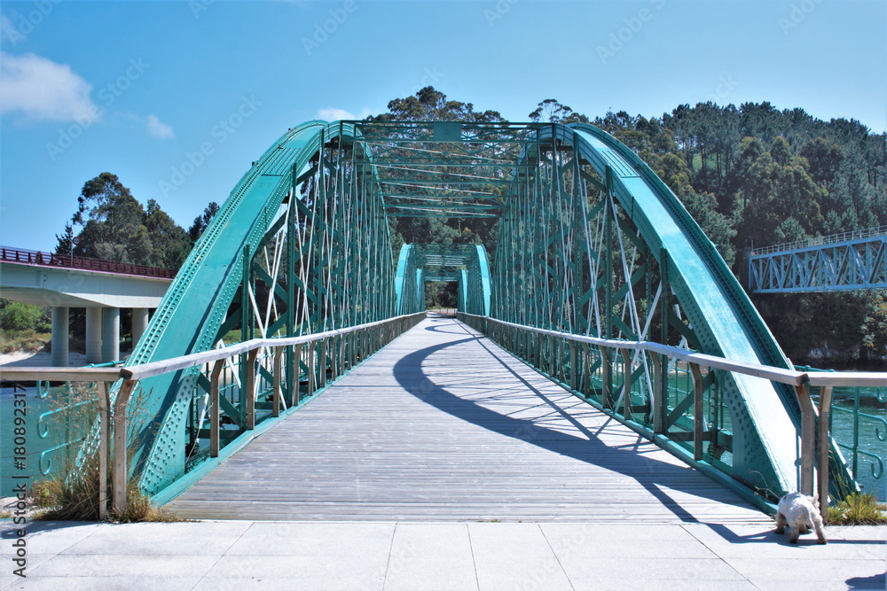 Iron pedestrian bridge , Eiffel school, over the mouth of a river Sor ...