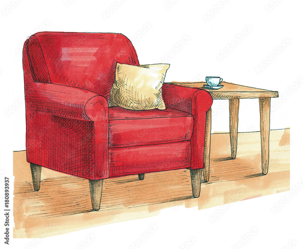 Hand drawn chair with a pillow. Next table with a cup. A bright sketch ...