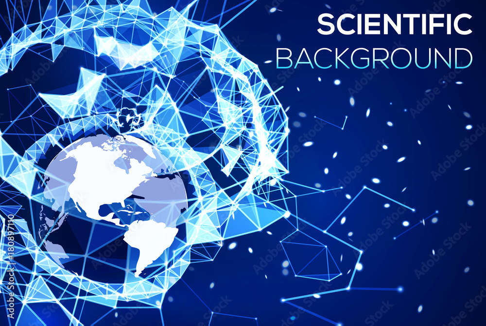 Blue technology background. Geography concept. Glowing blue plexus ...