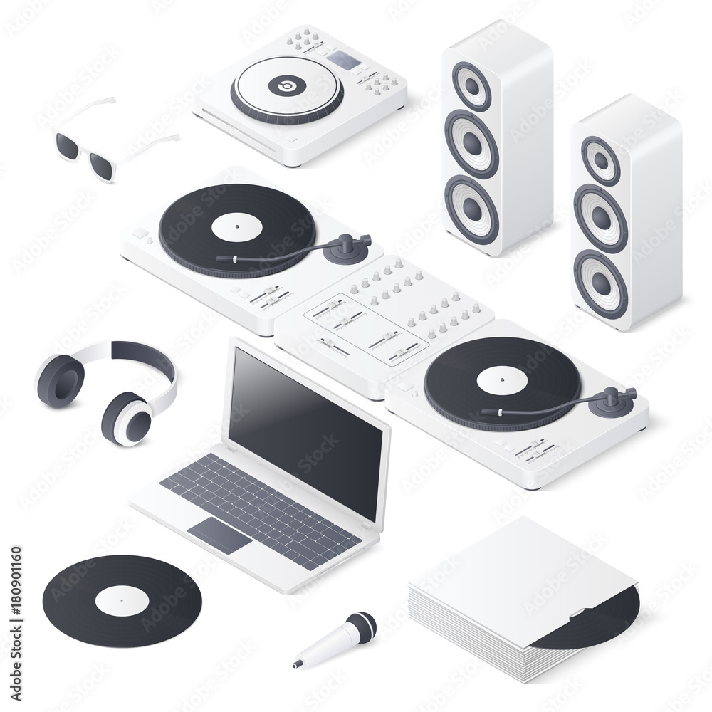 Set of DJ mix devices isolated on white background. Isometric vector ...
