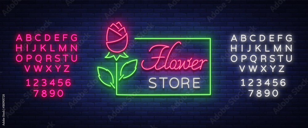 Flower store logo, neon sign. Flower shop. Vector illustration on the ...