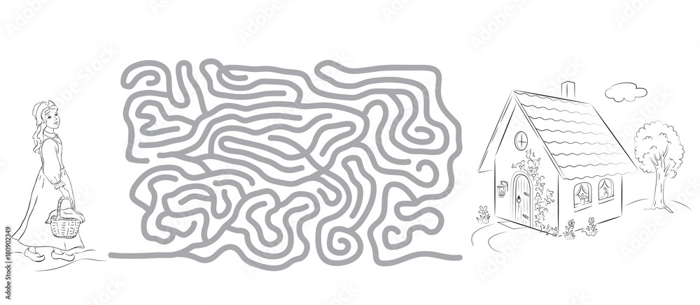 Maze game, coloring page for kids with pictures of Little Red Riding ...