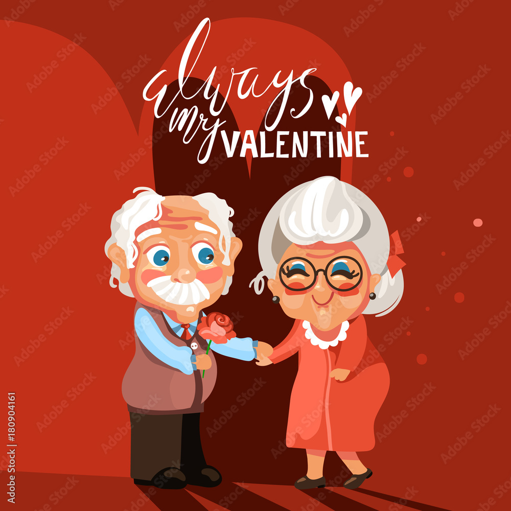 Valentine's Day card. Cute, adorable cartoon senior couple in love ...