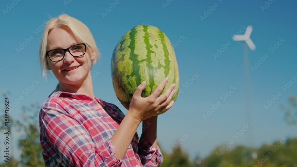 A huge fruit. A woman with a big watermelon looks into the camera ...