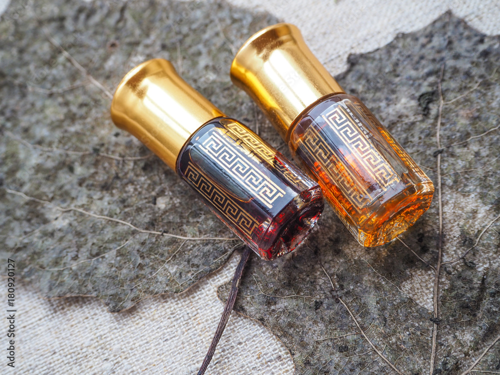 The old oil from the agarwood tree. Indian concentrated perfume. Stock ...