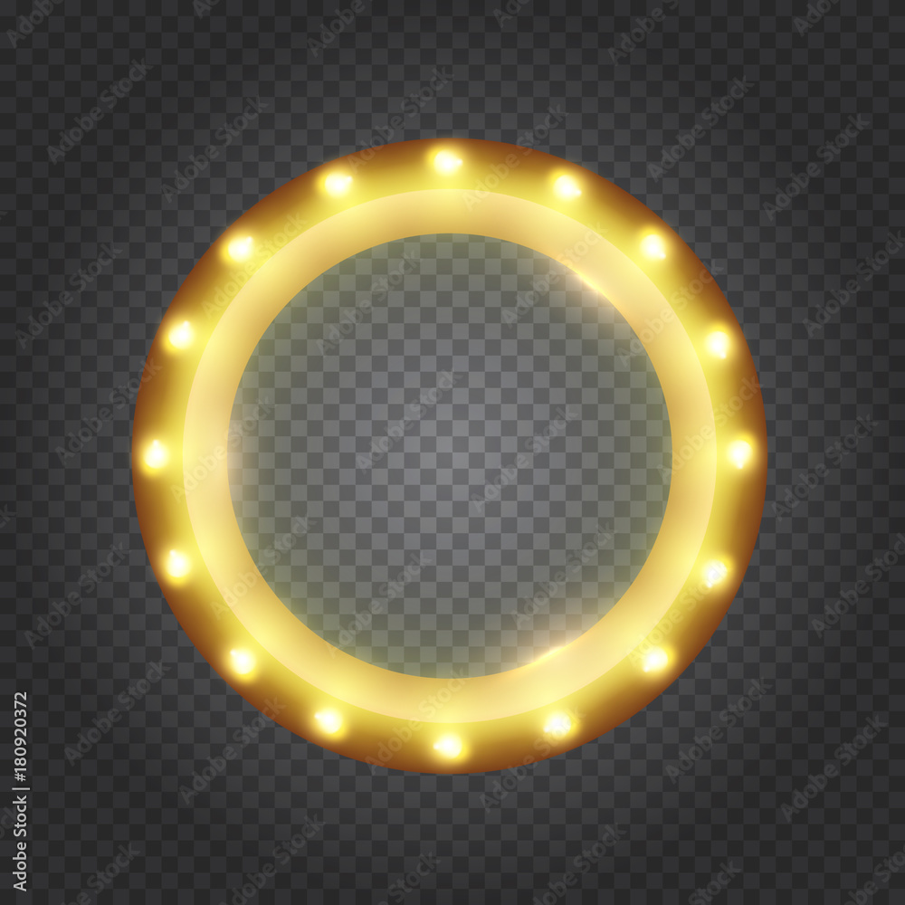 Circle frame, box, banner or border with shining lights bulbs in ...