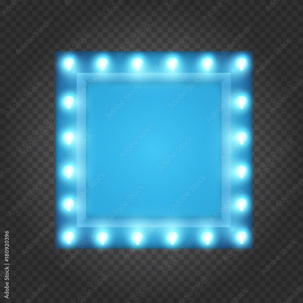 Square frame, box, banner or border with shining lights bulbs in ...