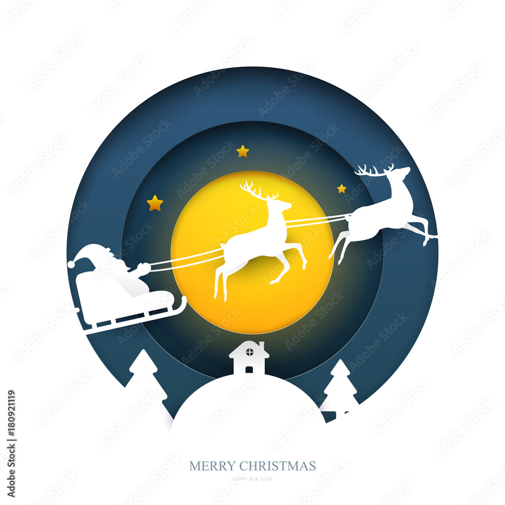 Santa on sleigh with reindeer in paper cut trendy craft style ...