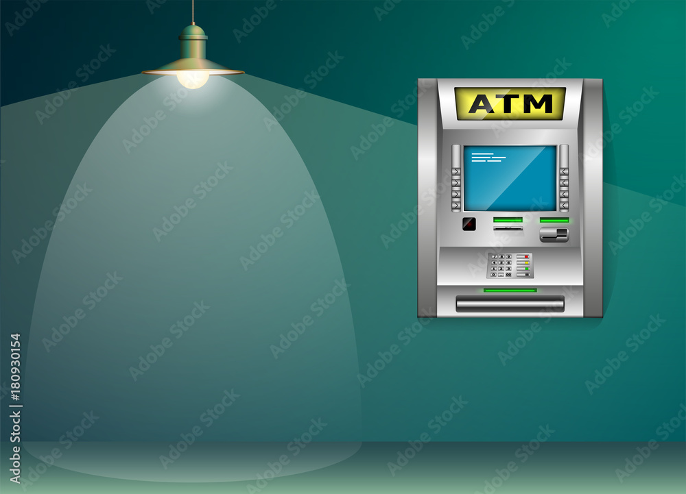 ATM - Automated teller machine. Blue and green wall. Metal lantern ...