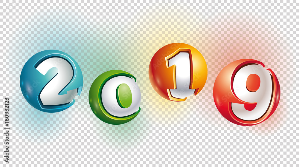 2019 year. Colorful and shine vector 3d numbers on transparent ...