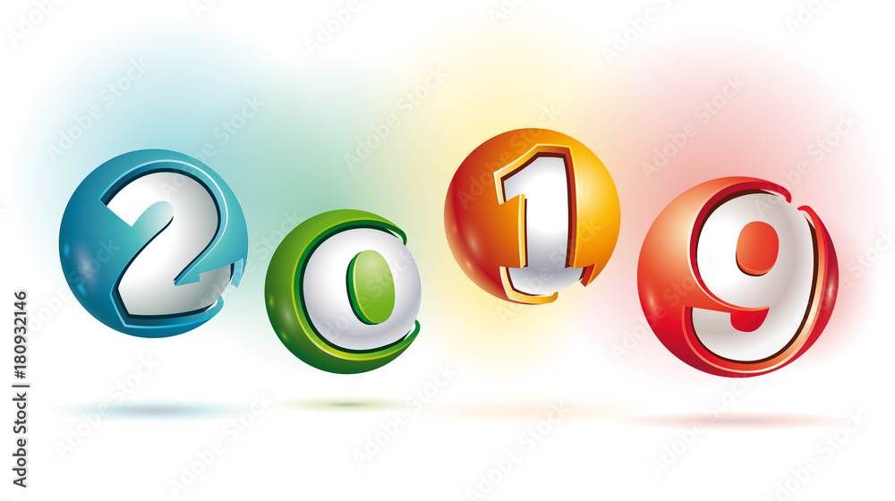 2019 year. Colorful and shine vector 3d numbers on white background ...