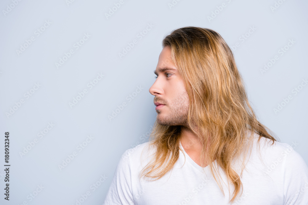 Close up side view photo of handsome young man with bristle and long ...