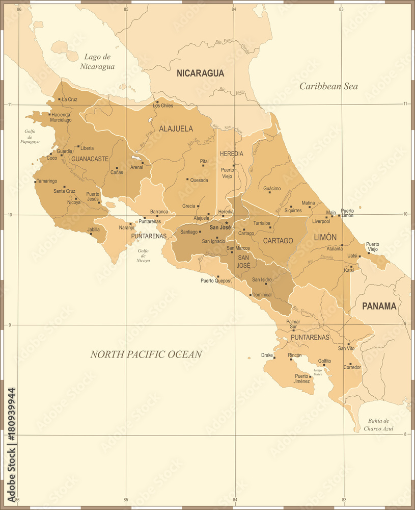 Costa Rica Map - Vintage Detailed Vector Illustration Stock Vector ...