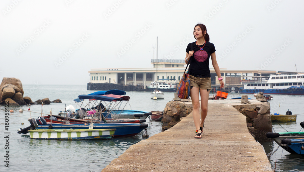 asian model in the hong kong dock side view asian girl on Lamma Island ...