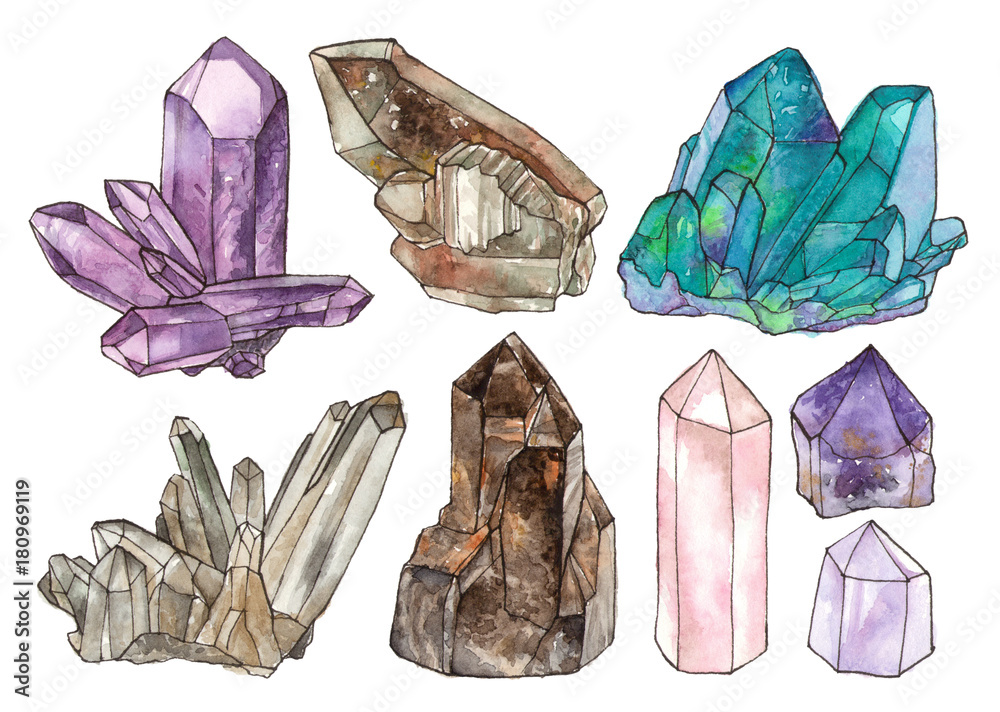 watercolor illustrations crystals and gemstones. hand painted isolated ...