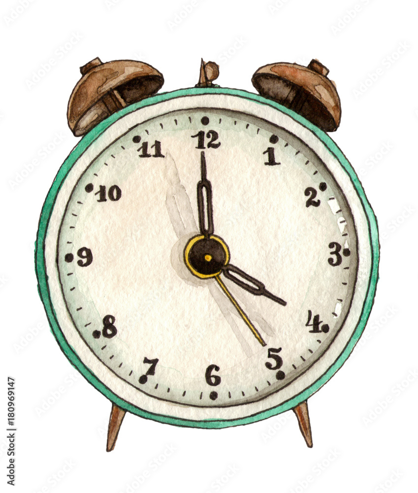 watercolor illustration vintage alarm clock. hand painted. isolated ...