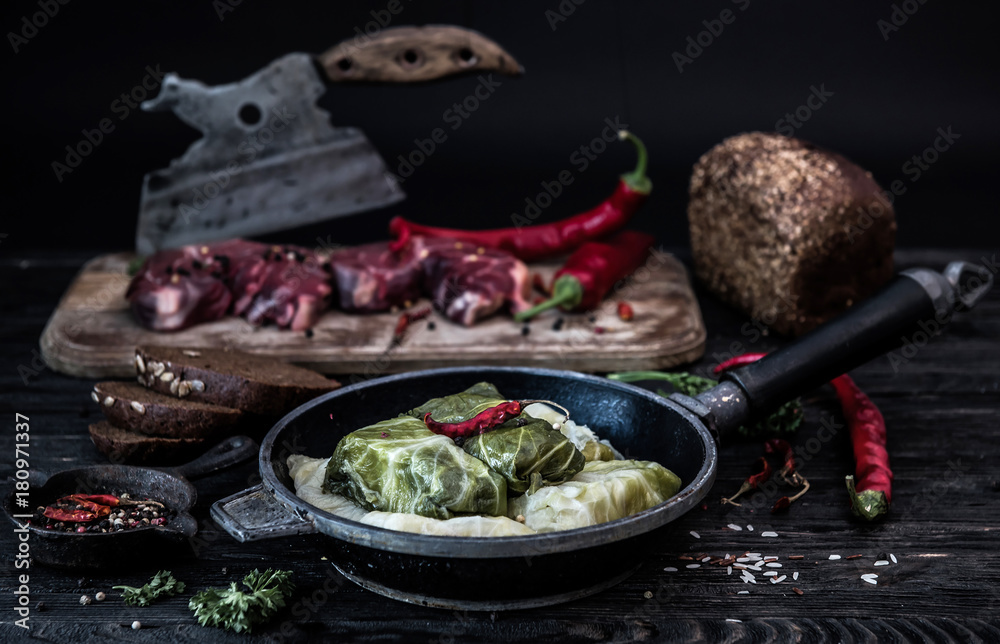 Golubtsi with clhilli paper. Cabbage rolls with meat, rice and ...