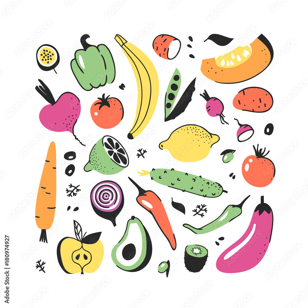 Hand drawn set of vegetables and fruits. Vector artistic drawing food ...
