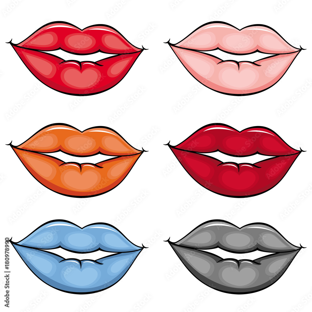 vector cartoon sketch woman girl lips with different pomade color set ...