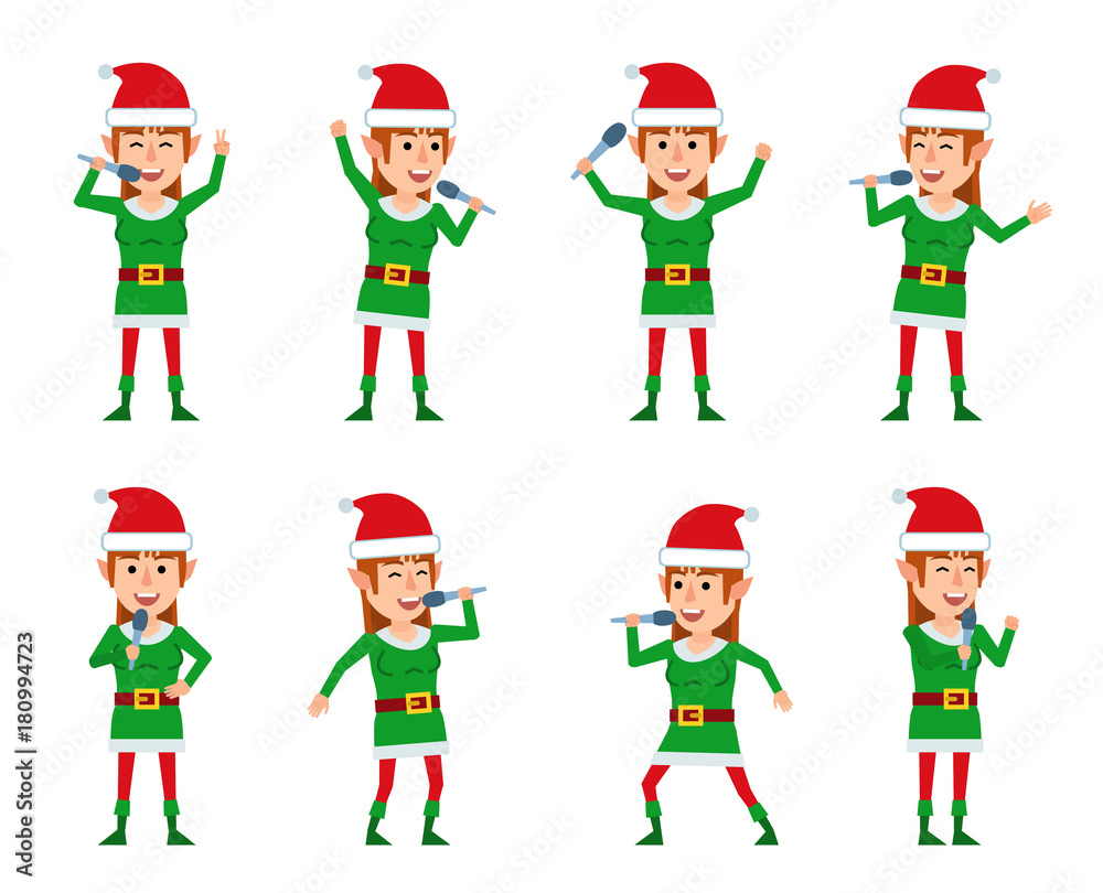Set of female Christmas elf characters posing with microphone in ...