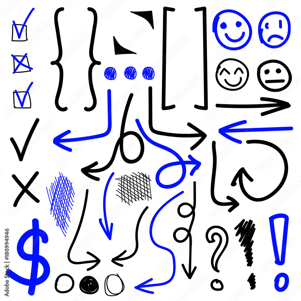 VECTOR set of hand drawn icons. Check, exclamation marks, circles ...