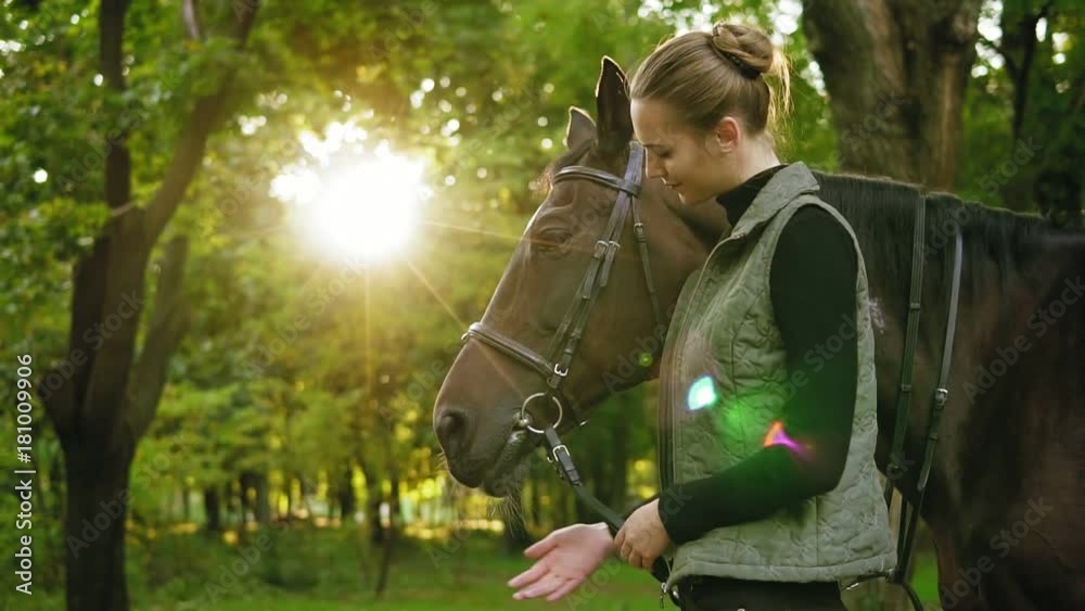 Young smiling female horse rider is palming brown horse with white spot ...