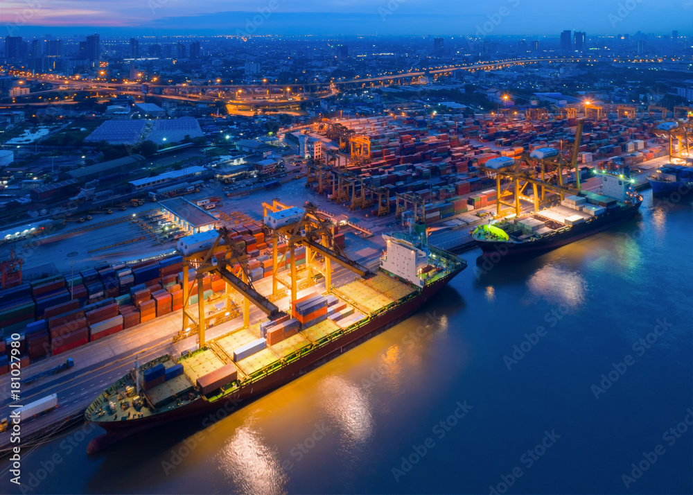 Containers yard in port congestion with ship vessels are loading and ...