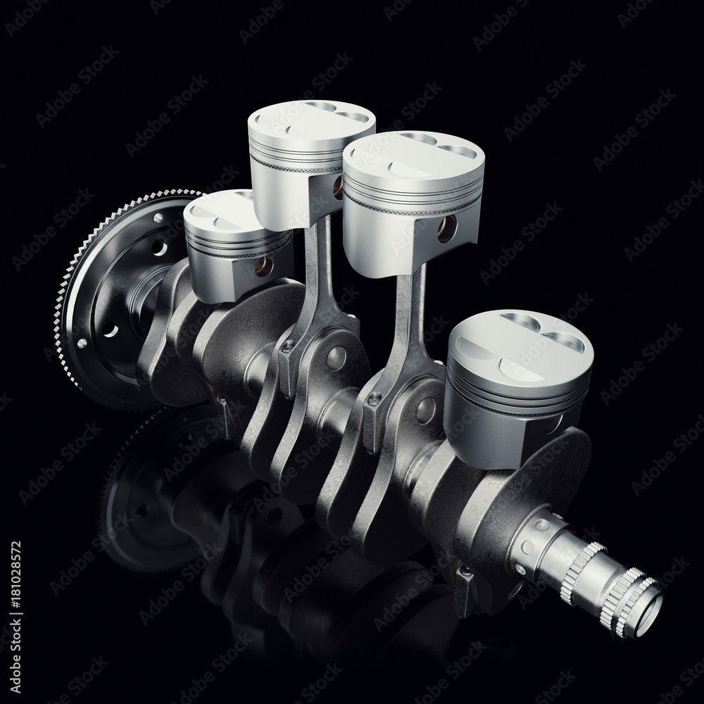 V4 engine pistons and cog on black background. Pistons and crankshaft ...