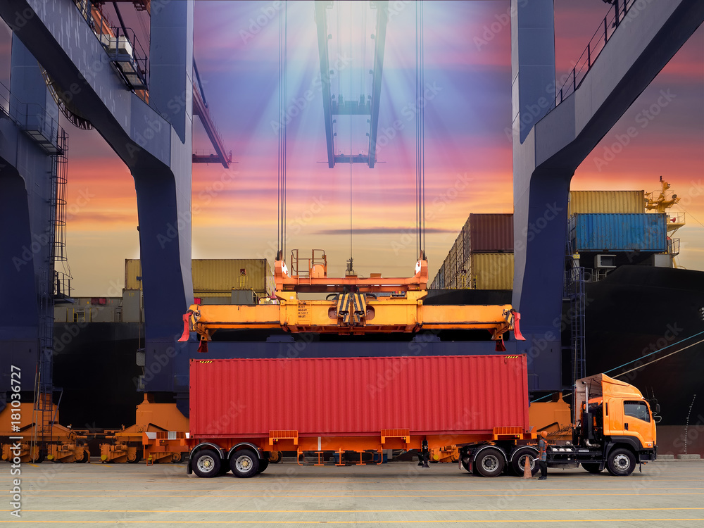 Industrial port crane lift up loading export containers box onboard ...