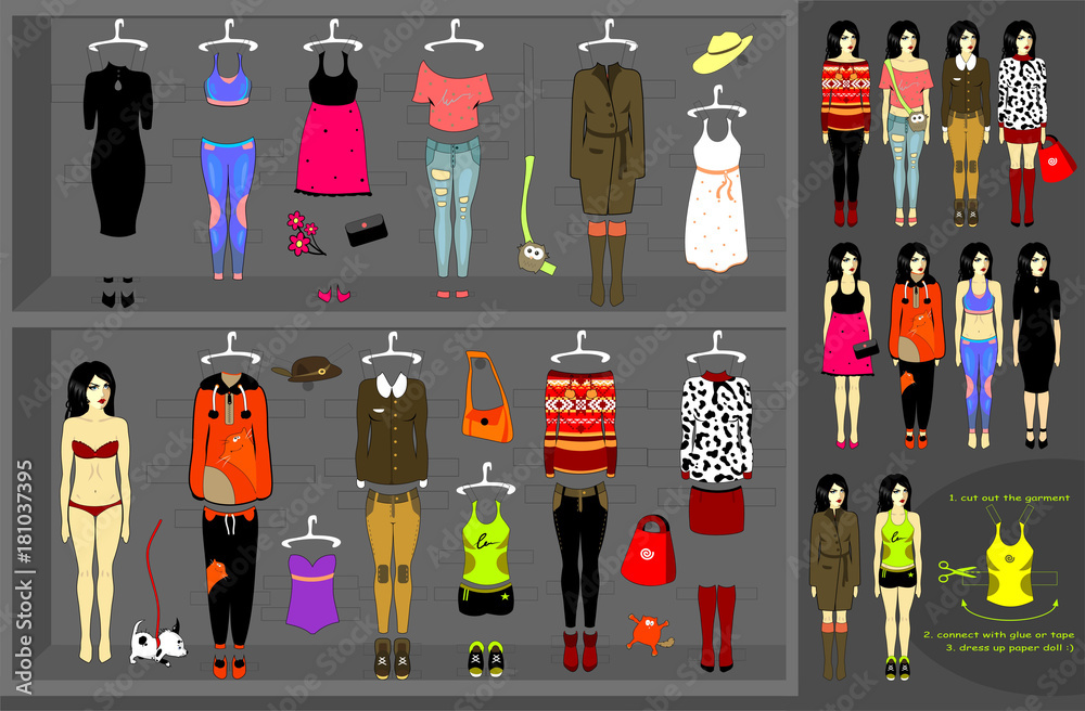 Dress up paper doll. Vector set of 12 various kits of clothes. Stock ...
