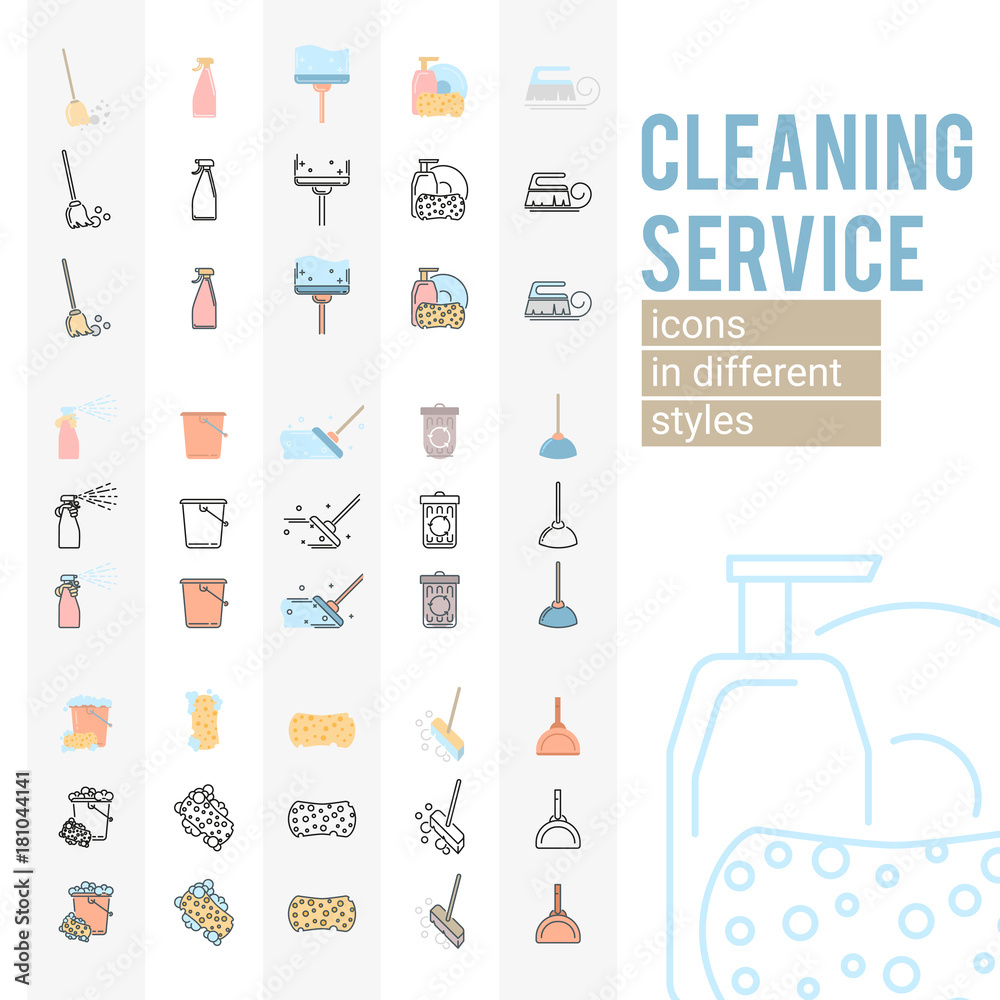 Set of cleaning service icons and symbols in three different styles ...