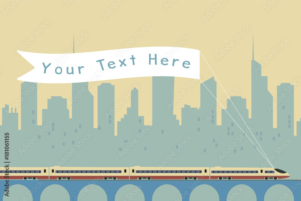 High-speed passenger train with a banner grand opening in the skyUrban ...