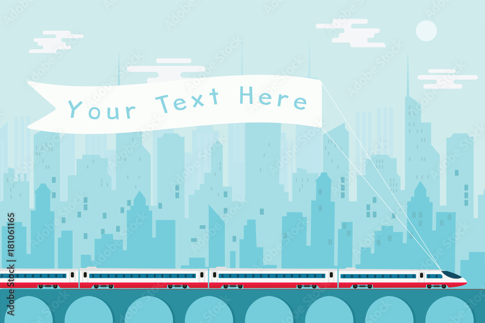 High-speed passenger train with a banner grand opening in the skyUrban ...