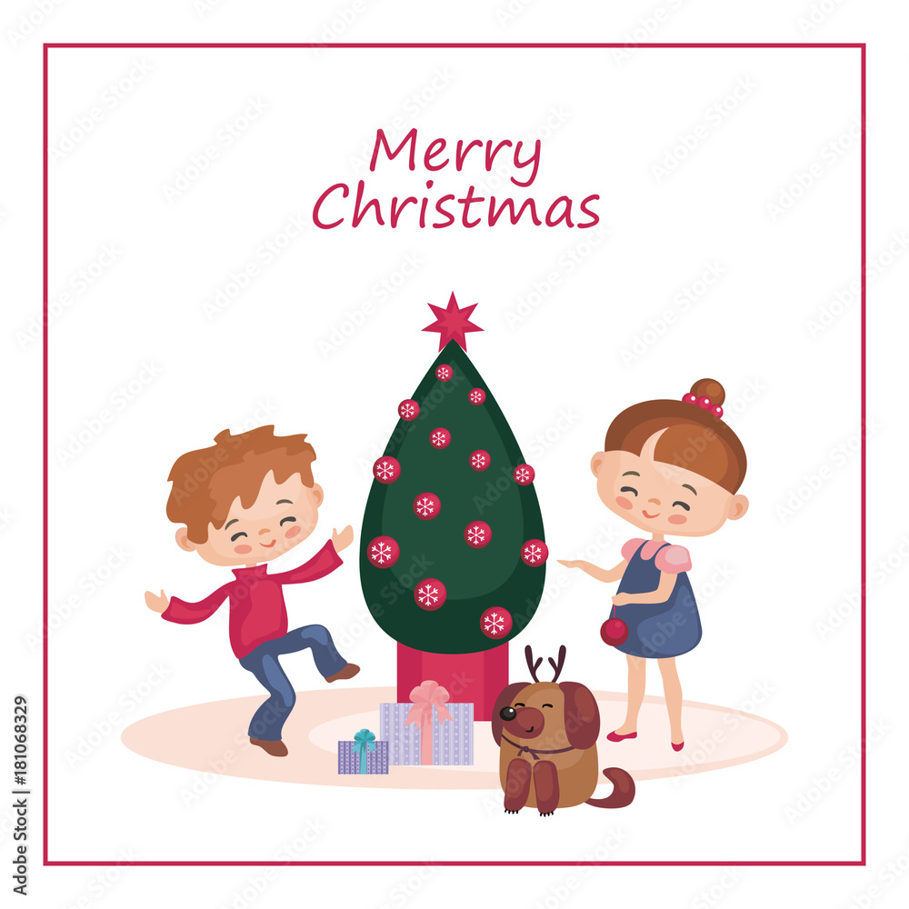 Christmas greeting card with the image of happy kids. Vector ...