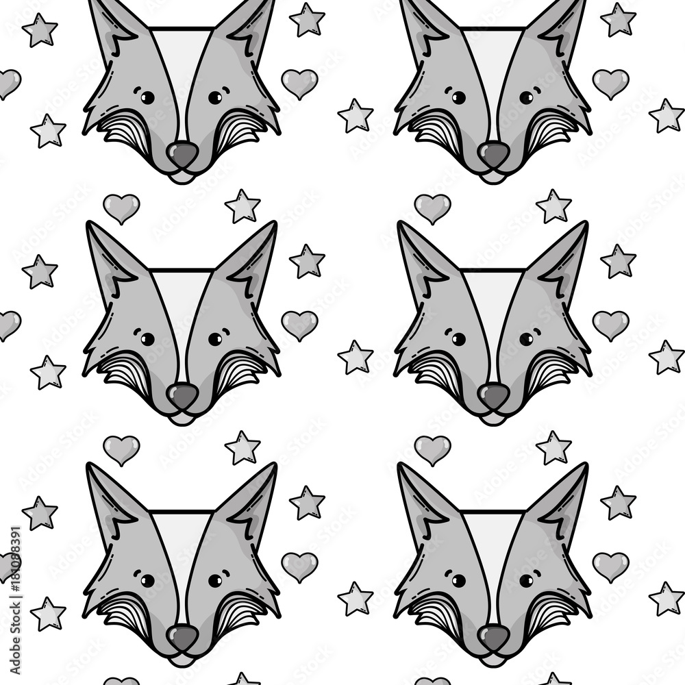 grayscale cute fox head animal with stars ans hearts background Stock ...