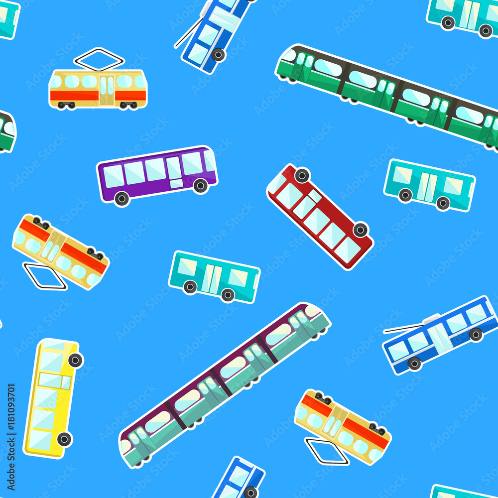 Bright kids pattern with color cartoon flat city transport on blue ...
