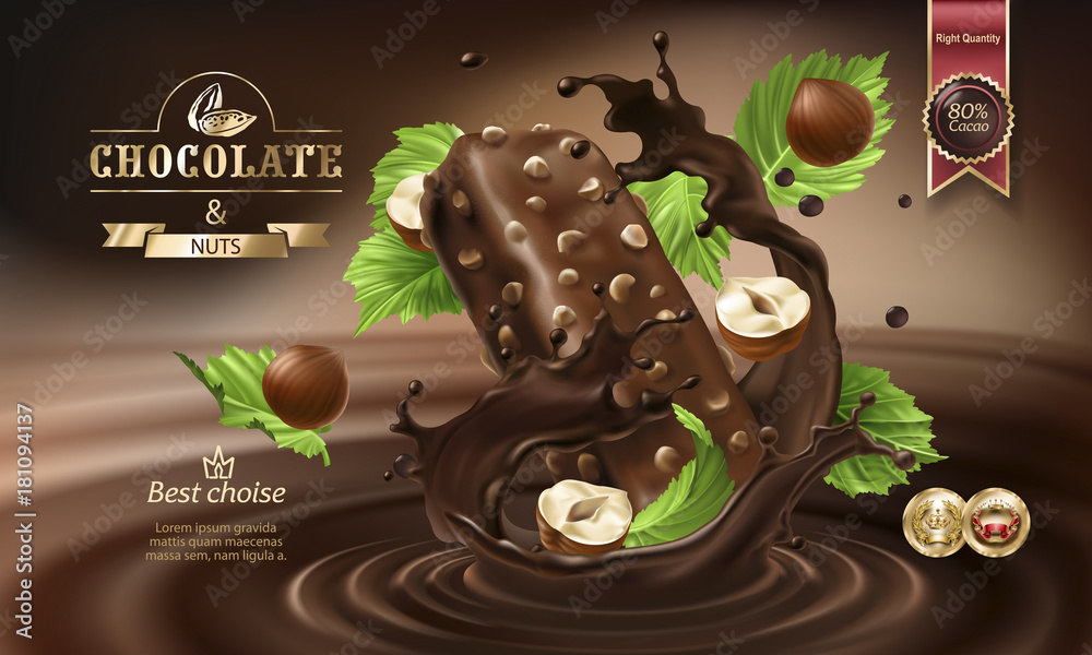 Splashes of melted chocolate with falling chocolate bar and nuts ...