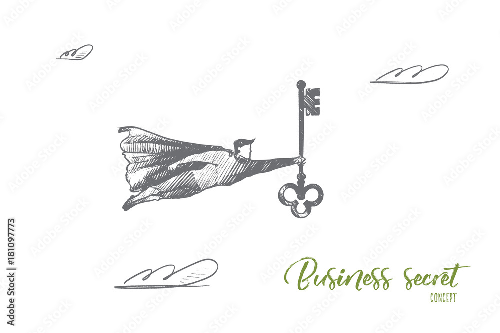 Business secret concept. Hand drawn superhero with giant key as symbol ...