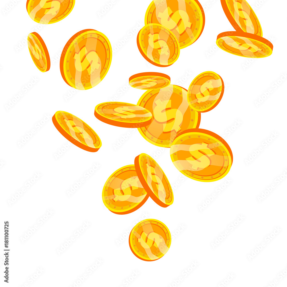 Dollar Coins Falling Down Vector. Flat, Cartoon Gold Coin Illustration ...