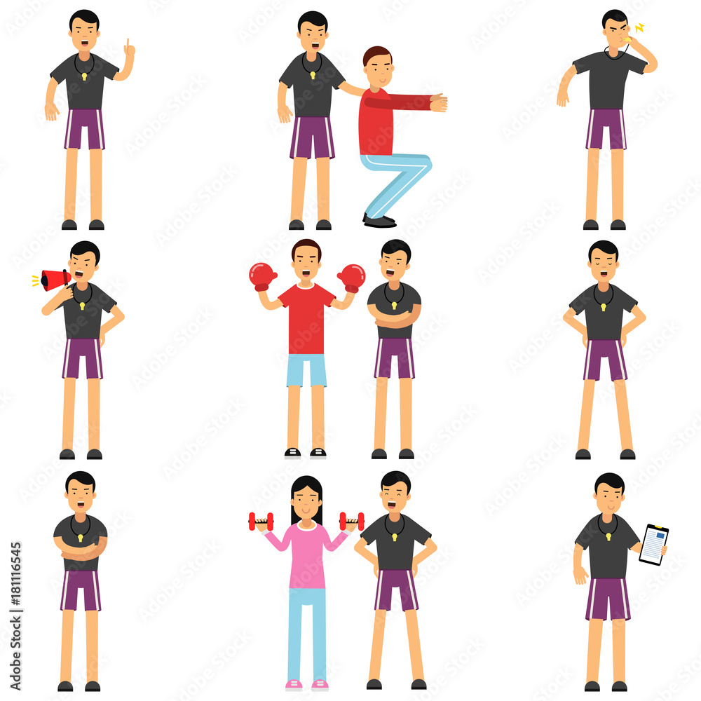 Personal fitness trainer cartoon characters set in different situations ...