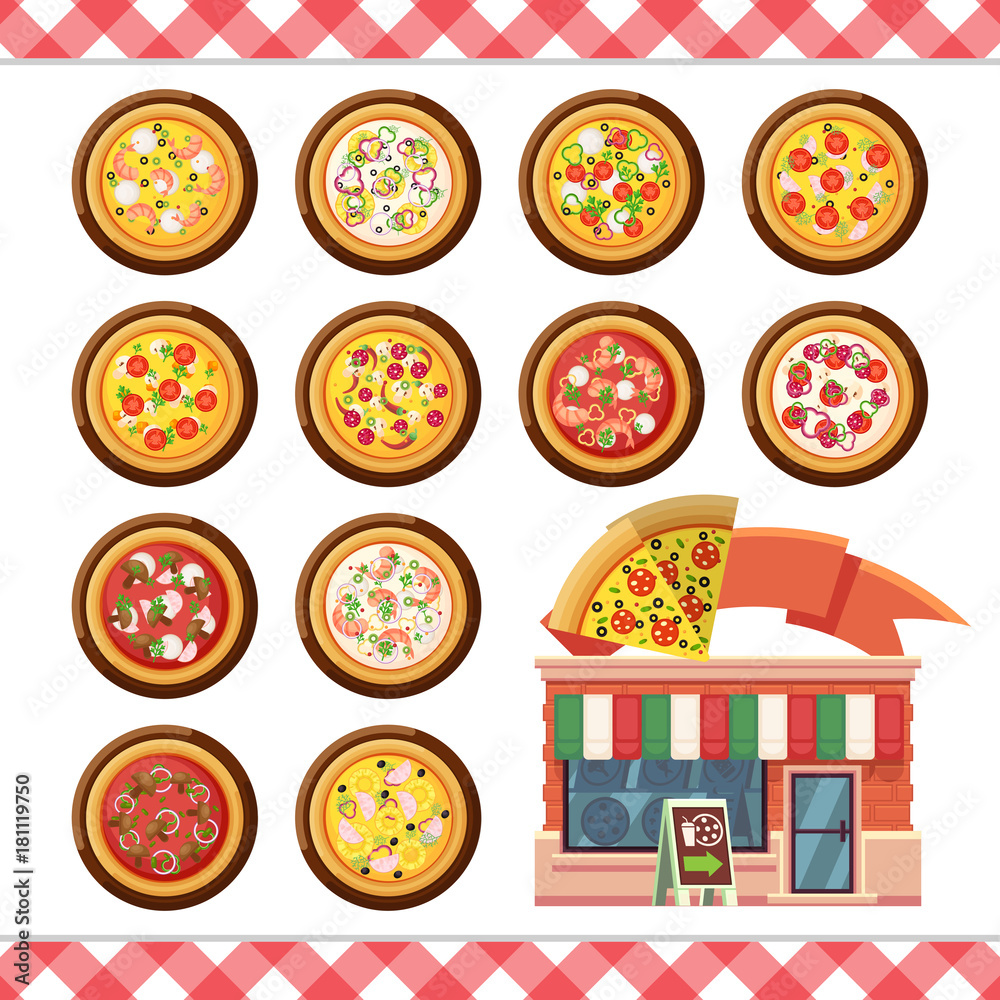 Vector - Pizza flat icons isolated on white background. Pizza shop ...