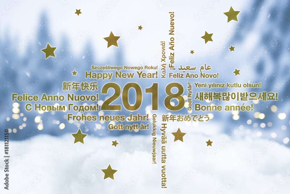 Happy New Year in different languages greeting card concept with snowy ...