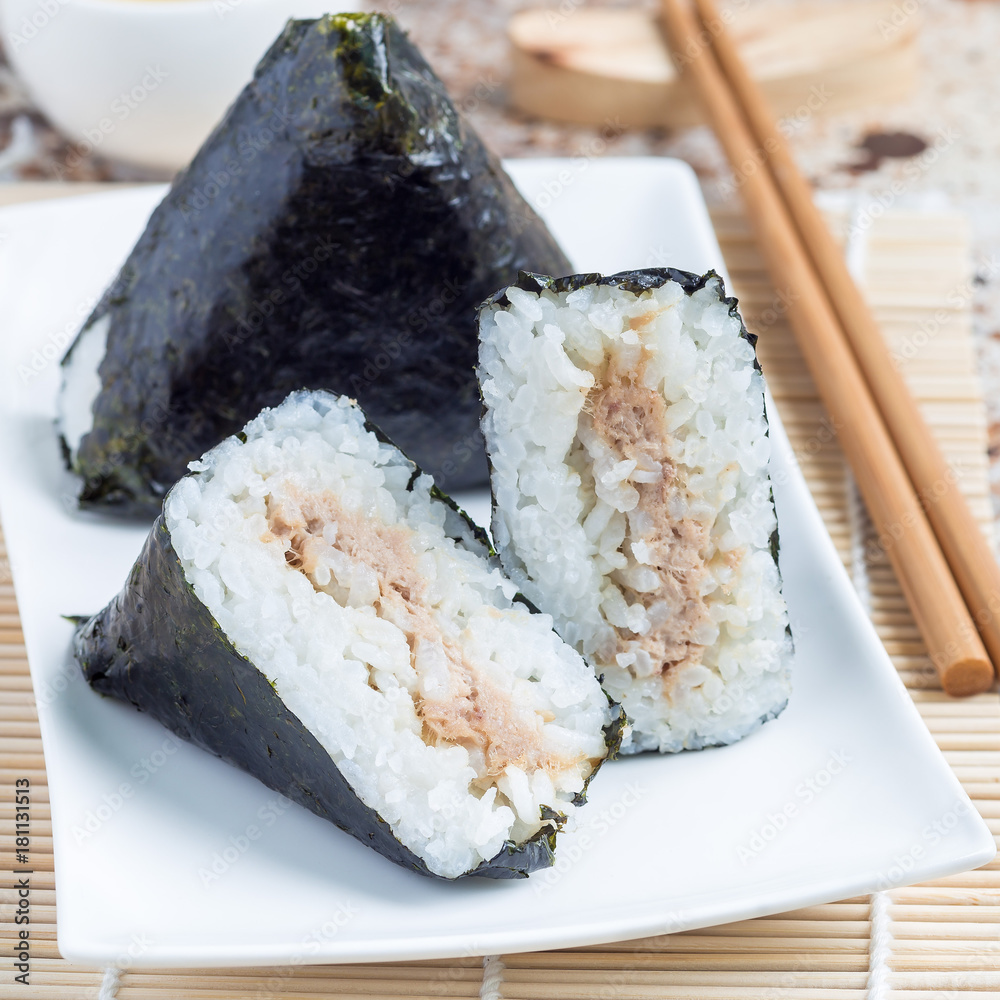 Korean triangle kimbap Samgak made with nori, rice and tuna fish ...
