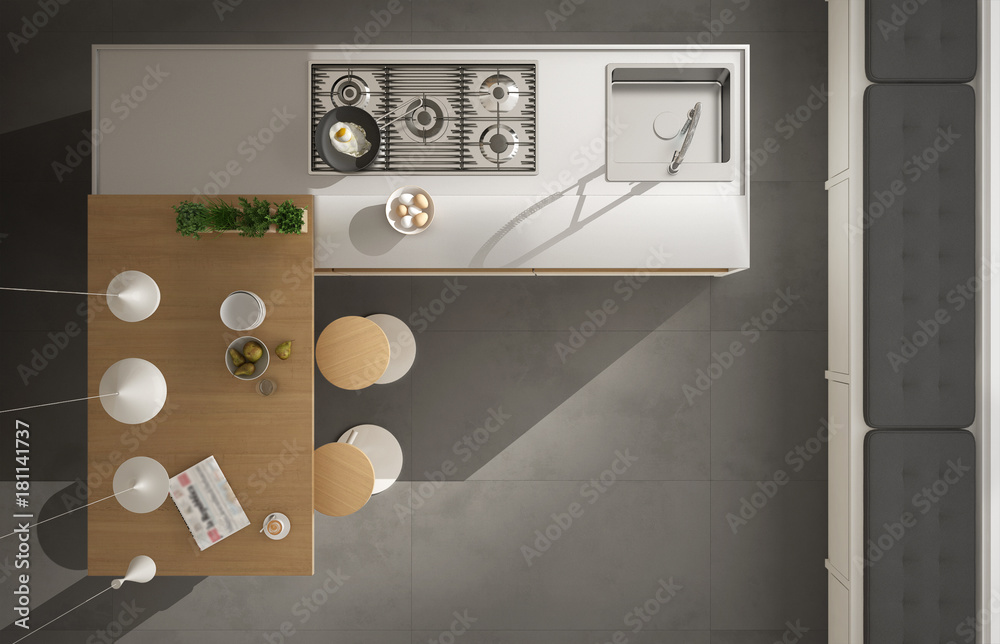 Modern kitchen with wooden details, top view on island and gas stove ...