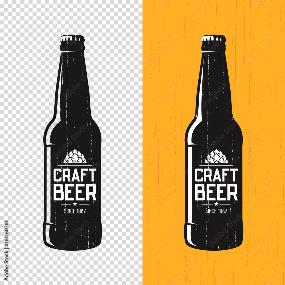 Textured craft beer bottle label design. Vector logo, emblem ...