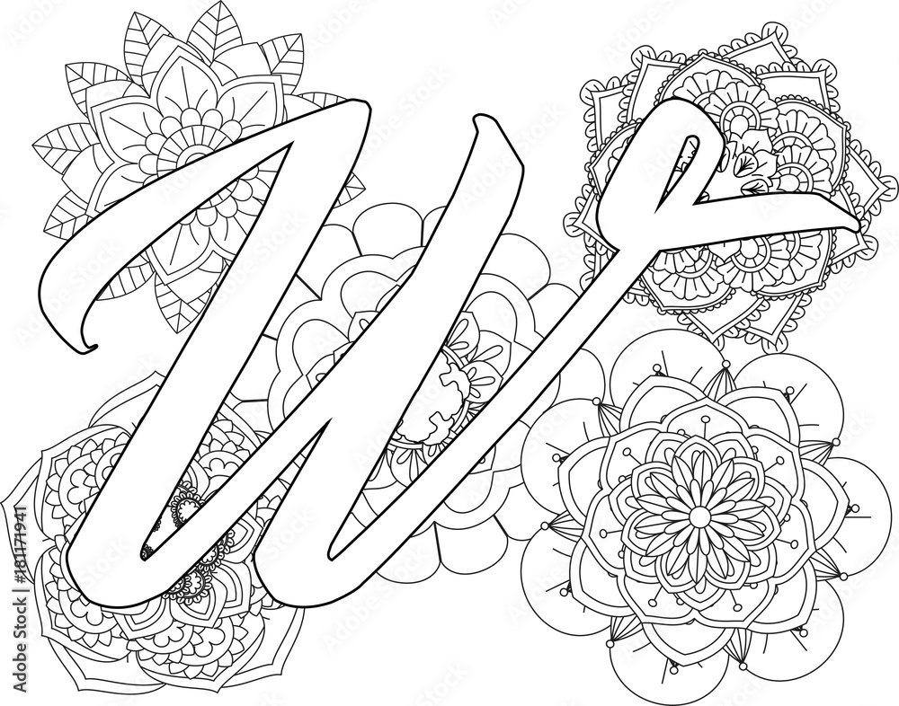 mandala-W-monogramlogo-Doodle Floral Letters. Coloring Book For Adult ...