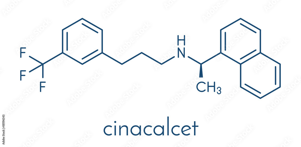 Cinacalcet hyperparathyroidism drug molecule. Skeletal formula. Stock ...