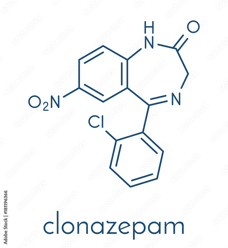 Clonazepam benzodiazepine drug molecule. Used in treatment of seizures ...