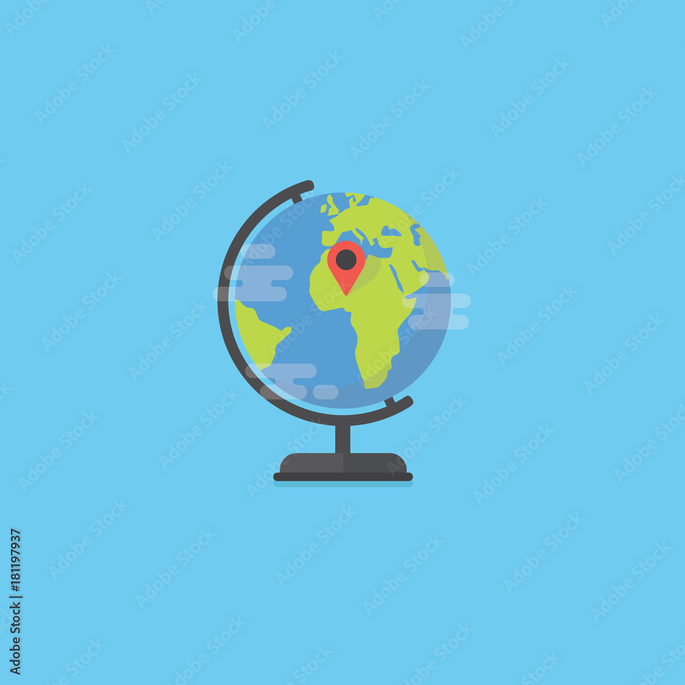 Flat world globe with map pin icon. Locations on the earth map. Geo ...